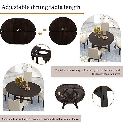 Cutimrke Farmhouse Wood Round Upholstered, Chair with Wingback and Button Tufting, Seats up to 4, for Restaurant, Kitchen (Espresso), 5 Piece Dining Table Set + Extendable Table