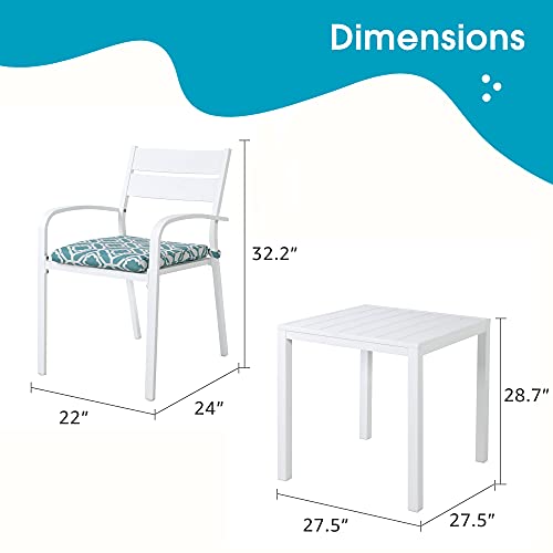 Soleil Jardin 3-Piece Outdoor Bistro Set Aluminum Patio Furniture Bistro Table Set Outdoor Dining Table and Stackable Chairs with Cushion, White Finish & Lattice Cushion