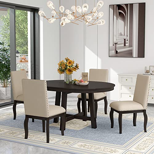 Cutimrke Farmhouse Wood Round Upholstered, Chair with Wingback and Button Tufting, Seats up to 4, for Restaurant, Kitchen (Espresso), 5 Piece Dining Table Set + Extendable Table