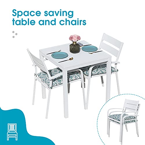 Soleil Jardin 3-Piece Outdoor Bistro Set Aluminum Patio Furniture Bistro Table Set Outdoor Dining Table and Stackable Chairs with Cushion, White Finish & Lattice Cushion