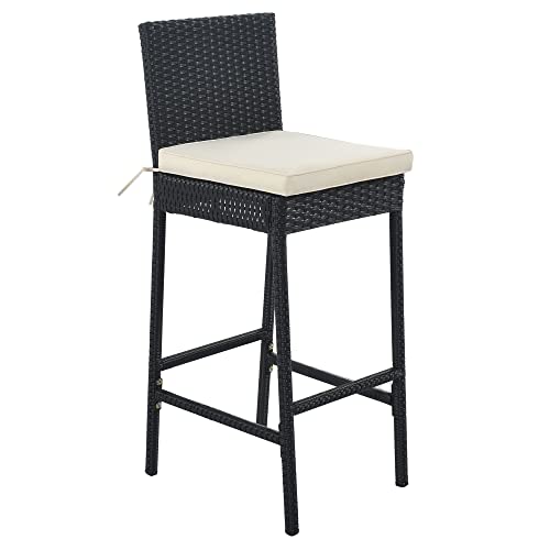 Outdoor Patio 7-Piece Rattan Dining Table Set, PE Wicker Bar Furniture Set with Wood Tabletop and 6 Dining Chairs for Backyard, Garden(Black2-7PCS)