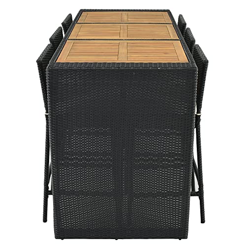 Outdoor Patio 7-Piece Rattan Dining Table Set, PE Wicker Bar Furniture Set with Wood Tabletop and 6 Dining Chairs for Backyard, Garden(Black2-7PCS)