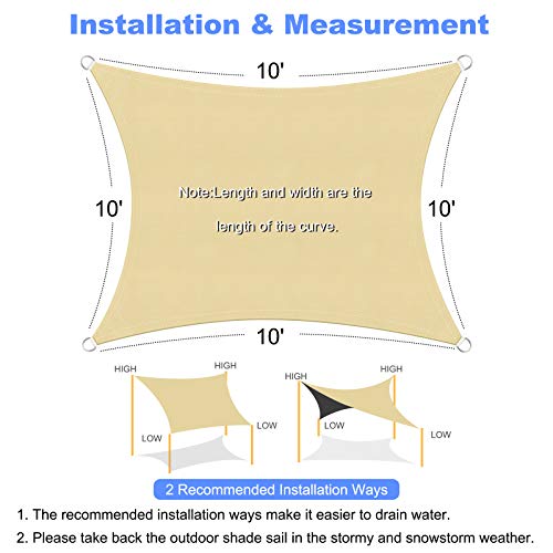 Amazmic Sun Shade Sail Rectangle 10'x10' UV Block Waterproof Canopy Outdoor Activities Patio/Garden/Backyard/Swimming Pools/Carports, Beige