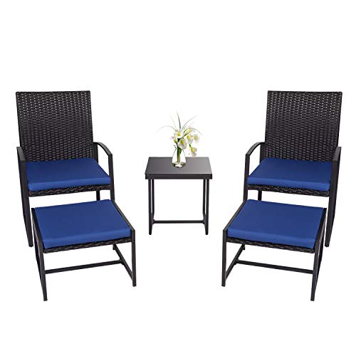5-Piece Wicker Outdoor Conversation Sets Patio Furniture PE Rattan All Weather Cushioned Chairs Bistro Set with Ottoman and Glass Coffee Side Table for Balcony Porch, Dark Blue
