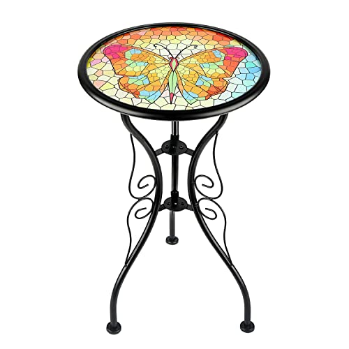 YardsBee Butterfly Outdoor Side Table,Mosaic Patio Side Table,12 Inch Accent Round Side Table,Plant Table with Tile Top,Samll Metal Glass End Table for Garden Porch Patio HomeâŚ