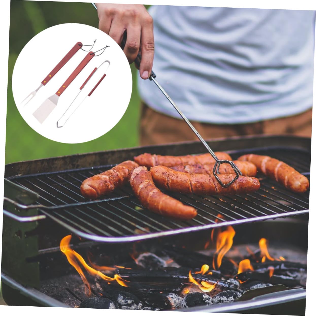GANAZONO 3 Pcs Three Piece Barbecue Set Stainless Steel BBQ Tools Barbecue Roasting Sticks Grilling Barbeque Food Tongs BBQ Spatula Outdoor Accessories Grill Utensils Fork Wooden Major