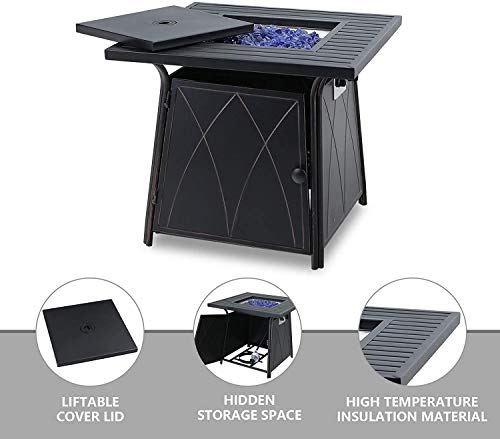 PHI VILLA 28" Gas Fire Pit Table Patio Furniture Set, 50000 BTU Auto-Ignition Outdoor Propane Gas Fire Pit Square Table with 4 Patio Swivel Chairs for Patio, Yard, Deck