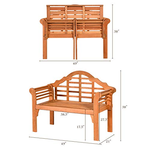 RELAX4LIFE Wooden Garden Bench for Outdoors & Indoor Patio Foldable Bench 4 Ft with Crown-Like Backrest and Curved Armrest Poolside, Porch, Balcony, Garden Eucalyptus Two Person Loveseat Chair