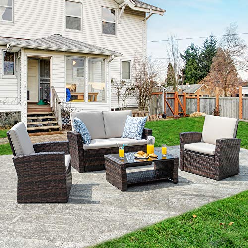 Walsunny Quality Outdoor Living,Outdoor Patio Furniture Sets,4 Piece Conversation Set Wicker Ratten Sectional Sofa with Seat Cushions (Brown)