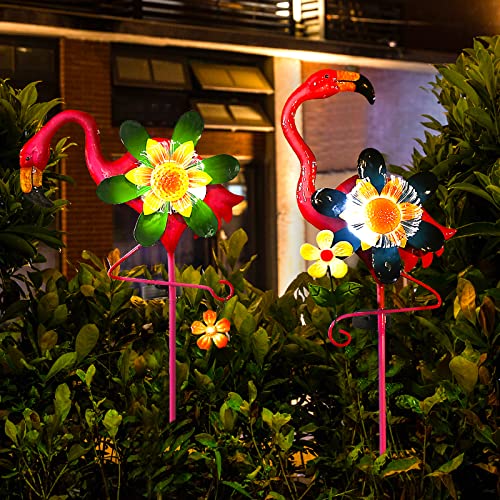 Histoacryl 2 Pack Pink Flamingos Outdoor Decorations, Metal Flamingo Solar Stakes Lights with Wind Spinner, Yard Sculptures Art Decorative for Garden, Patio, Landscape, Pathway, Christmas
