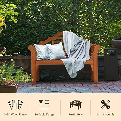 RELAX4LIFE Wooden Garden Bench for Outdoors & Indoor Patio Foldable Bench 4 Ft with Crown-Like Backrest and Curved Armrest Poolside, Porch, Balcony, Garden Eucalyptus Two Person Loveseat Chair