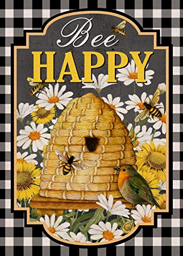 Covido Home Decorative Bee Happy Spring Garden Flag, Daisy Flowers Bird House Yard Buffalo Plaid Check Hive Sunflower Honeycomb Outside Decoration, Summer Farmhouse Outdoor Small Burlap Decor 12 x 18