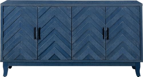 BFJDM Mid-century 4-Door Accent Cabinet Buffet Sideboard Vintage Style 3D Wave Stripe Deco Storage Cabinet Console Table for Dining Room Bedroom Kitchen Hallway(Antique Blue)