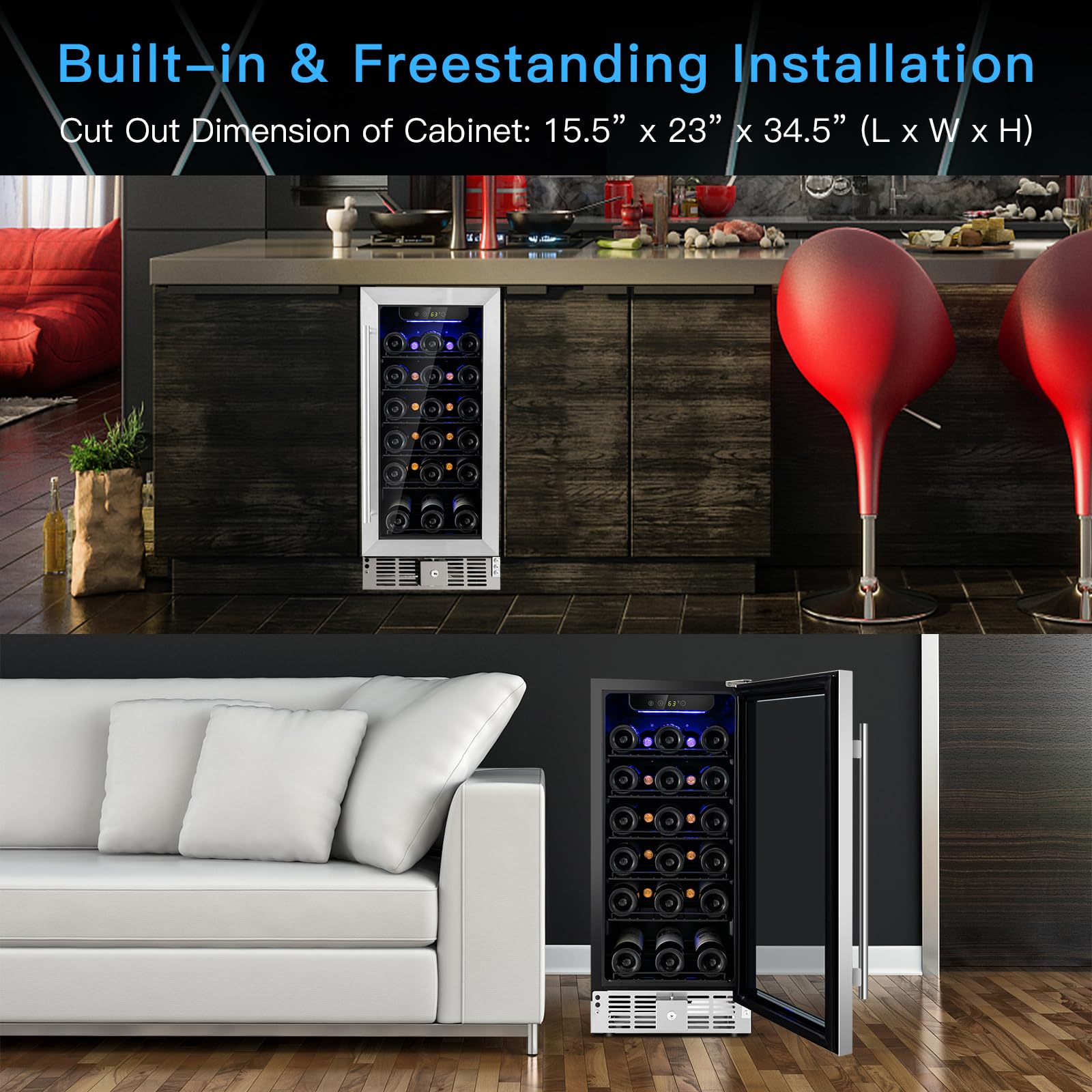 KOTEK 30 Bottles Wine fridge, Frost Free 15 Inch Beverage Refrigerator w/Glass Door & Lock, Removable Shelves, 36-61°F Digital Temperature Control, Freestanding or Under Counter, Wine Cooler for Home