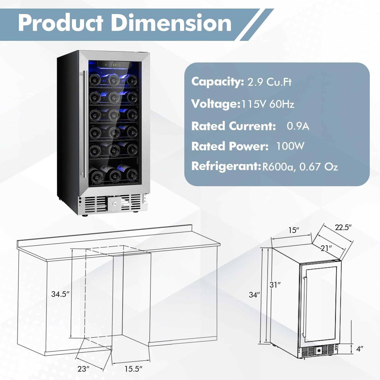 KOTEK 30 Bottles Wine fridge, Frost Free 15 Inch Beverage Refrigerator w/Glass Door & Lock, Removable Shelves, 36-61°F Digital Temperature Control, Freestanding or Under Counter, Wine Cooler for Home