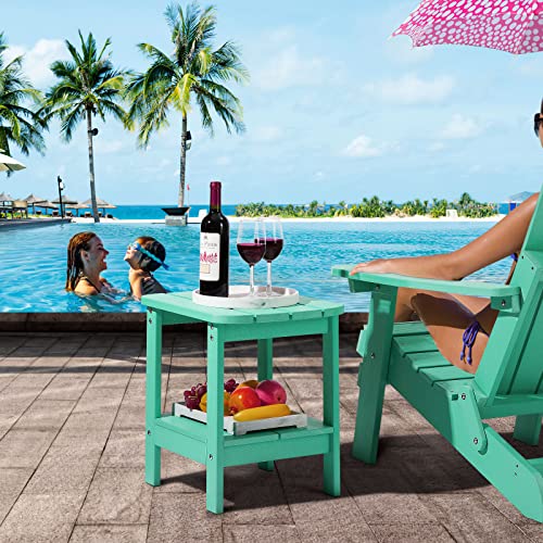 Luxspire Outdoor Side Table, Weather Resistant Adirondack Side Table, Double-Layer Small Patio Porch Balcony End Table, Rectangular Poly Plastic Tea Coffee Table for Deck Garden Furniture, Turquoise