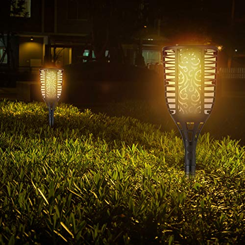 Solar Torch Lights β Weather & Waterproof Tiki Torch Lights β Solar & USB Powered Outdoor Torch Lights β Flickering Flame Torch Lights for Your Patio, Garden, & Walkway - Set of 2 Solar Torches