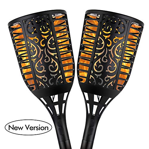 Solar Torch Lights β Weather & Waterproof Tiki Torch Lights β Solar & USB Powered Outdoor Torch Lights β Flickering Flame Torch Lights for Your Patio, Garden, & Walkway - Set of 2 Solar Torches