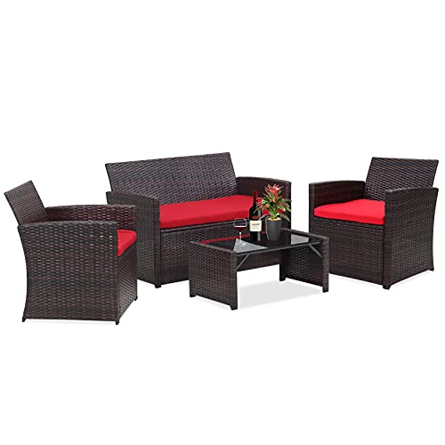 Saemoza Patio Furniture Set, 4 Piece Outdoor Wicker Rattan Patio Furniture with Tempered Glass Tabletop, Brown Wicker| Red Cushions for OutdoorĀ Garden