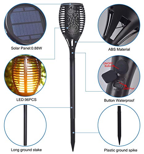 Solar Torch Lights β Weather & Waterproof Tiki Torch Lights β Solar & USB Powered Outdoor Torch Lights β Flickering Flame Torch Lights for Your Patio, Garden, & Walkway - Set of 2 Solar Torches