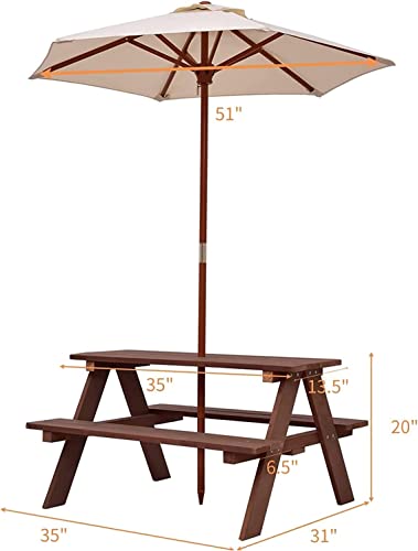 KOTEK Kids Picnic Table with Umbrella Foldable, Wooden Kids Table & Benches for Crafting, Eating & Playing, Outdoor Toddler Activity Table for Backyard, Patio, Garden, Gift for Ages 3-8