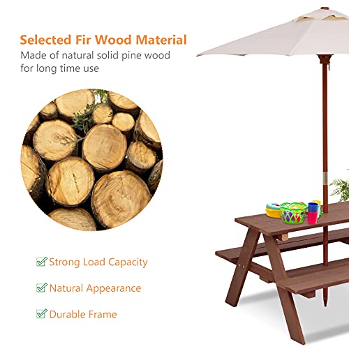 KOTEK Kids Picnic Table with Umbrella Foldable, Wooden Kids Table & Benches for Crafting, Eating & Playing, Outdoor Toddler Activity Table for Backyard, Patio, Garden, Gift for Ages 3-8