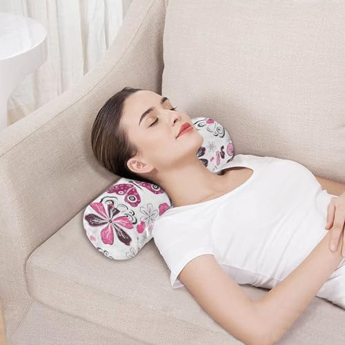 xigua Pink Butterfly Floral Neck Roll Pillow for Neck Relief with Removable Washable Cover - Memory Foam Round Cylinder Bolster, Ergonomically Designed for Head, Neck, Back, and Legs