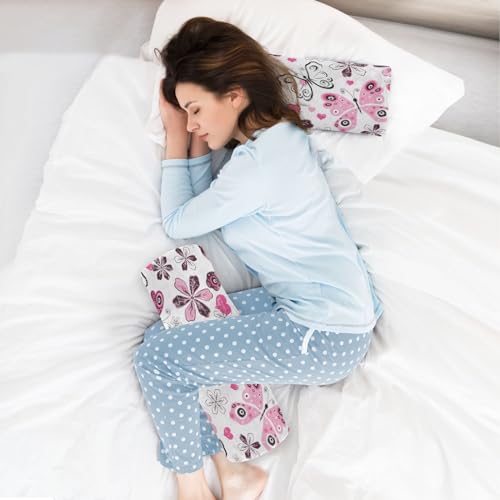 xigua Pink Butterfly Floral Neck Roll Pillow for Neck Relief with Removable Washable Cover - Memory Foam Round Cylinder Bolster, Ergonomically Designed for Head, Neck, Back, and Legs