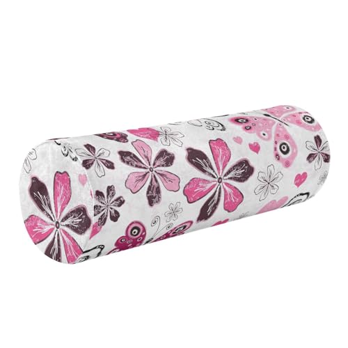 xigua Pink Butterfly Floral Neck Roll Pillow for Neck Relief with Removable Washable Cover - Memory Foam Round Cylinder Bolster, Ergonomically Designed for Head, Neck, Back, and Legs
