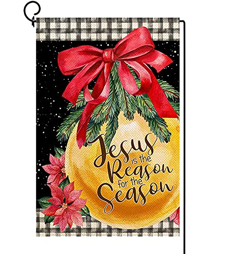 Baccessor Christmas Jesus is the Reason for the Season Garden Flag Burlap Double Sided, Nativity Religion Jingling Bell Red Bow-knot Flag Winter Holiday Xmas Yard Outdoor Decoration 12.5x18 Inch