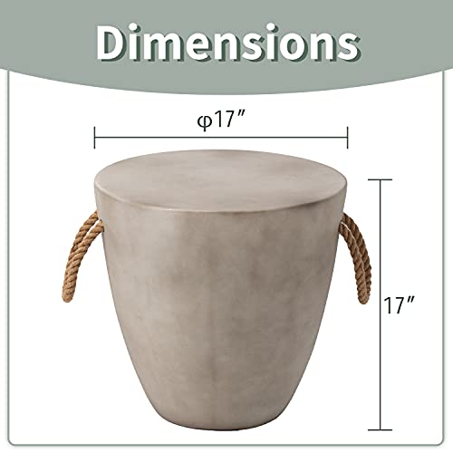 SUNBURY Concrete Side Table,Outdoor Side Table for Patio,17" Outdoor Accent Table w Hemp Rope, Patio Side Table End Table,Ceramic Side Table Garden Stool Log Table
