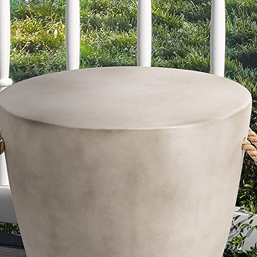 SUNBURY Concrete Side Table,Outdoor Side Table for Patio,17" Outdoor Accent Table w Hemp Rope, Patio Side Table End Table,Ceramic Side Table Garden Stool Log Table