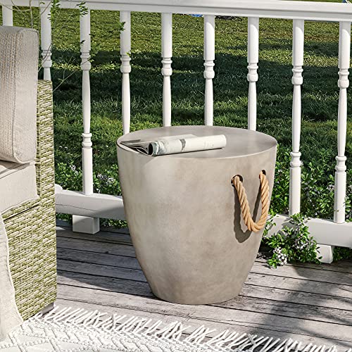 SUNBURY Concrete Side Table,Outdoor Side Table for Patio,17" Outdoor Accent Table w Hemp Rope, Patio Side Table End Table,Ceramic Side Table Garden Stool Log Table