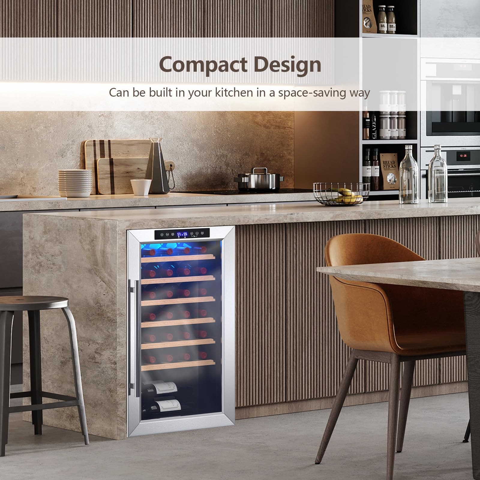 KOTEK 33 Bottle Wine Fridge, Freestanding or Under Counter Wine Cellar w/Wooden Removable Shelves for Red, White & Champagne, 41-64.5°F Digital Temperature Control, Wine Cooler Refrigerator for Home