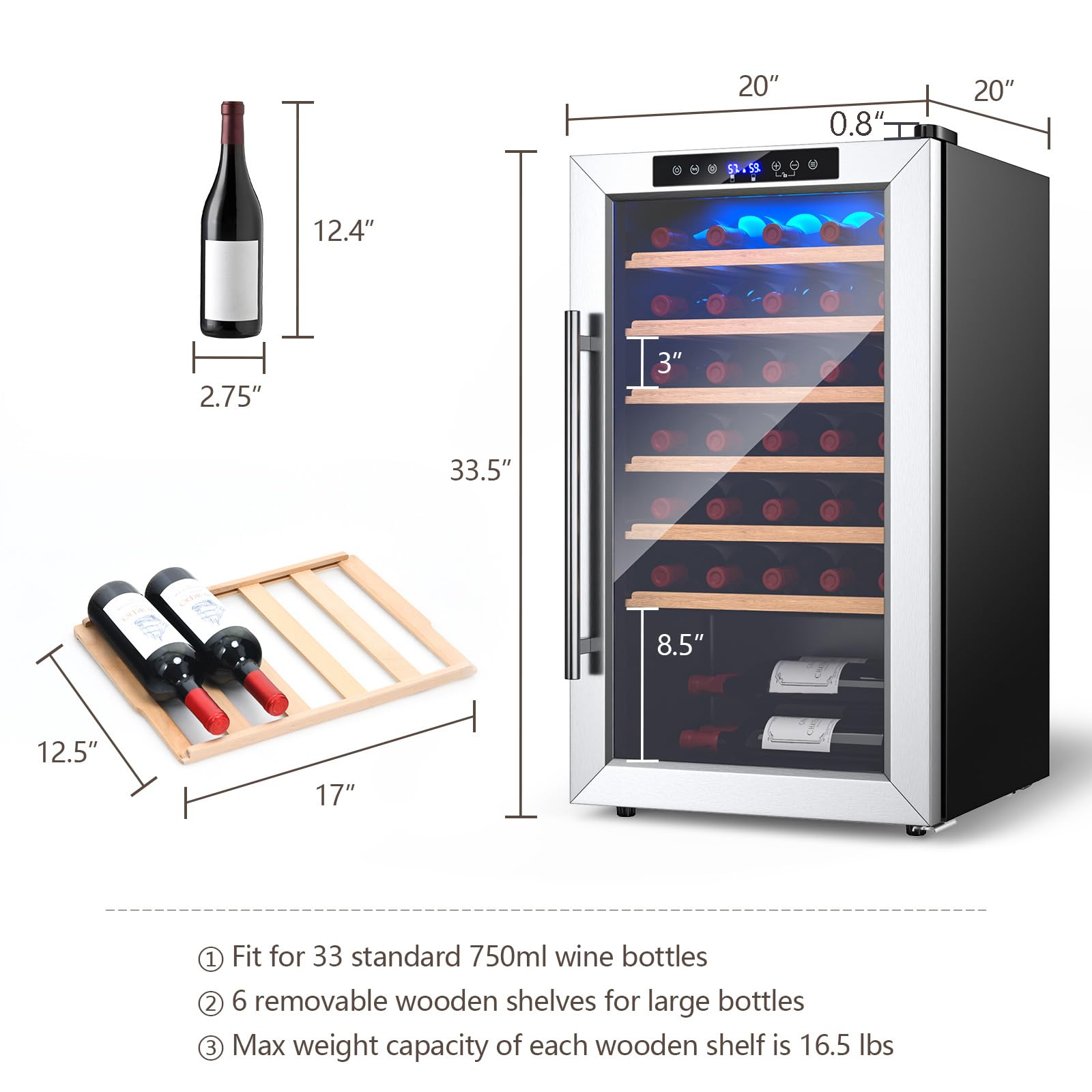 KOTEK 33 Bottle Wine Fridge, Freestanding or Under Counter Wine Cellar w/Wooden Removable Shelves for Red, White & Champagne, 41-64.5°F Digital Temperature Control, Wine Cooler Refrigerator for Home