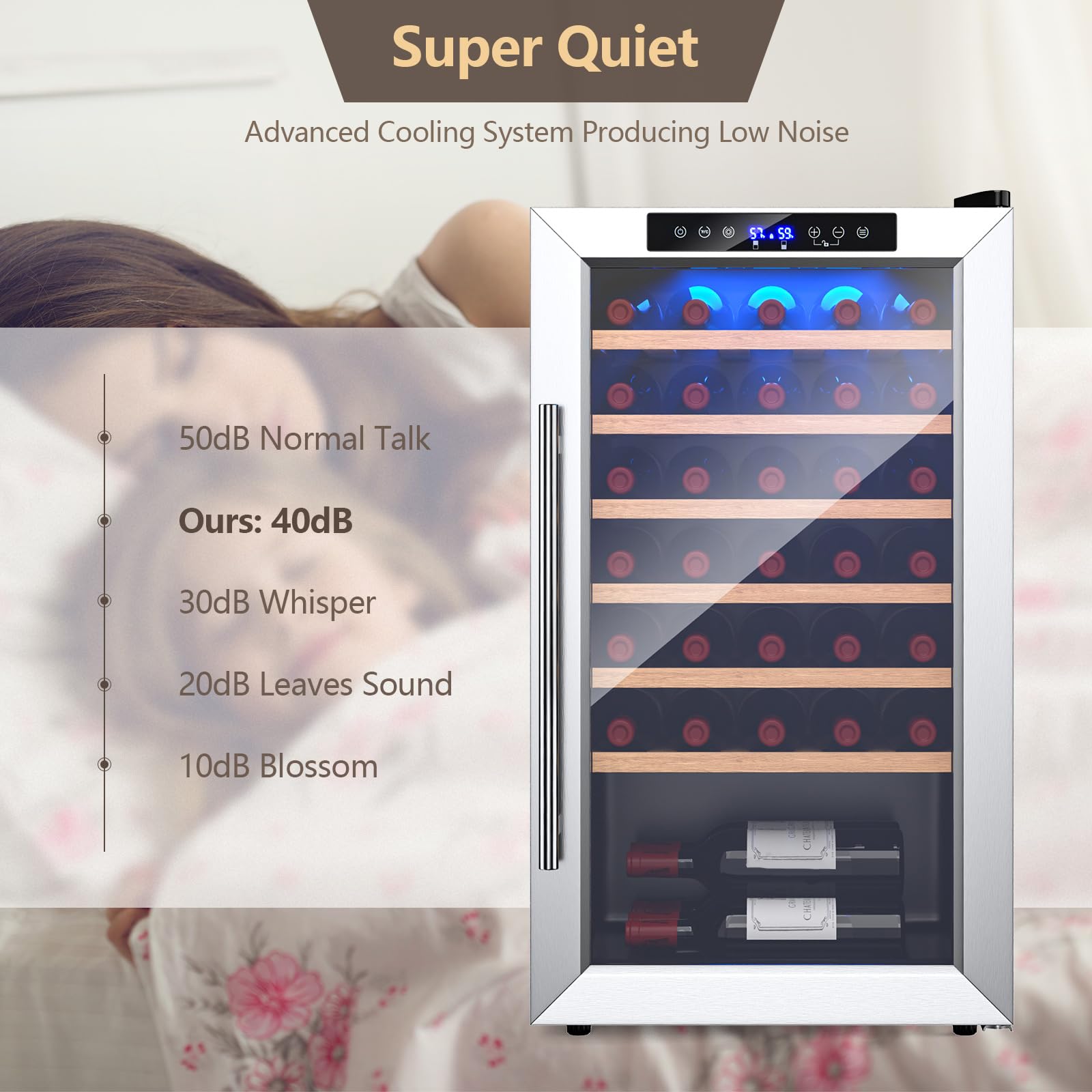 KOTEK 33 Bottle Wine Fridge, Freestanding or Under Counter Wine Cellar w/Wooden Removable Shelves for Red, White & Champagne, 41-64.5°F Digital Temperature Control, Wine Cooler Refrigerator for Home