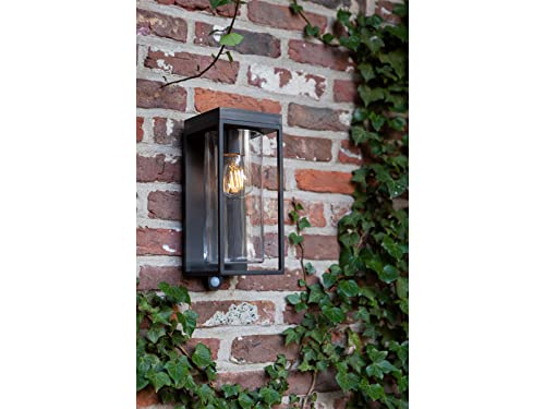 LUTEC Solar Motion Sensor Light Outdoor, Dusk to Dawn Modern Wall Sconce, Aluminum Anti-Rust Solar Wall Lights with Clear Glass Shade, Waterproof for Porch, Patio and Garden-Black