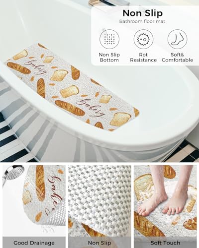 Briskdecor Dessert Baking Tile Bread Baguette PVC Loofah Shower Mat 40x16 inch, Non Slip Comfortable Bathtub Mat Quick Drying Bath Mat with Drain for Tub, Shower, Bathroom