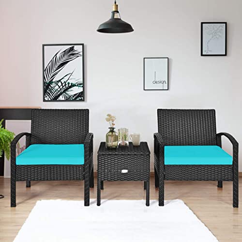 DORTALA 3 Pieces Outdoor Wicker Bistro Set, Rattan Sofa Set with Washable & Thick Cushion, Coffee Table with Storage Space, Great for Porch Garden Poolside Balcony, Turquoise