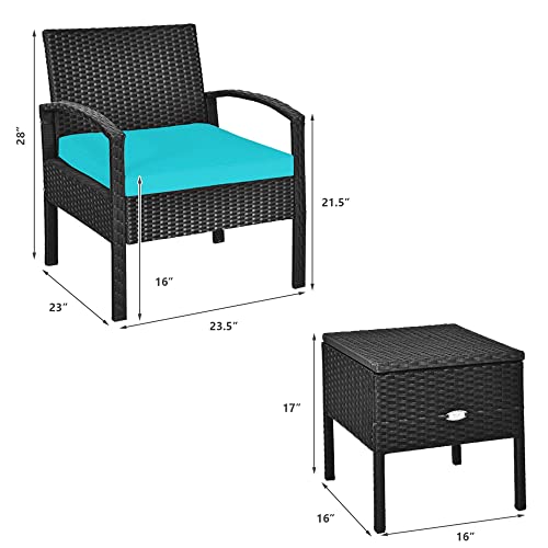 DORTALA 3 Pieces Outdoor Wicker Bistro Set, Rattan Sofa Set with Washable & Thick Cushion, Coffee Table with Storage Space, Great for Porch Garden Poolside Balcony, Turquoise