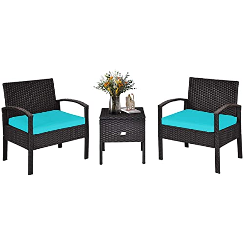 DORTALA 3 Pieces Outdoor Wicker Bistro Set, Rattan Sofa Set with Washable & Thick Cushion, Coffee Table with Storage Space, Great for Porch Garden Poolside Balcony, Turquoise
