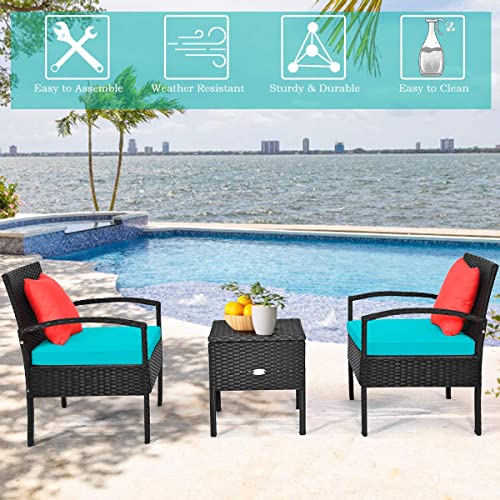 DORTALA 3 Pieces Outdoor Wicker Bistro Set, Rattan Sofa Set with Washable & Thick Cushion, Coffee Table with Storage Space, Great for Porch Garden Poolside Balcony, Turquoise