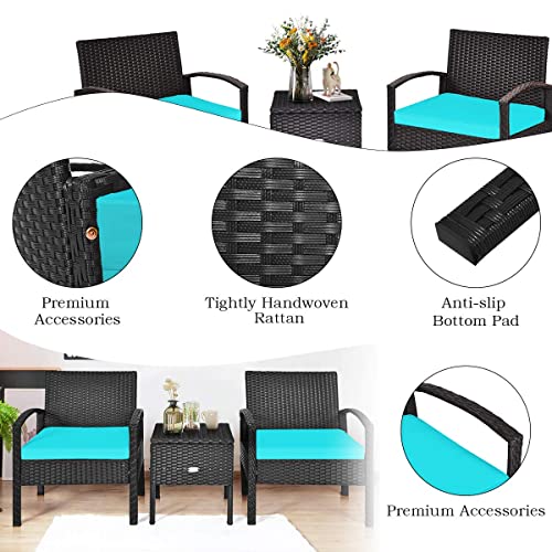 DORTALA 3 Pieces Outdoor Wicker Bistro Set, Rattan Sofa Set with Washable & Thick Cushion, Coffee Table with Storage Space, Great for Porch Garden Poolside Balcony, Turquoise