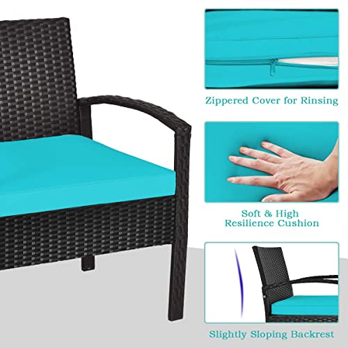 DORTALA 3 Pieces Outdoor Wicker Bistro Set, Rattan Sofa Set with Washable & Thick Cushion, Coffee Table with Storage Space, Great for Porch Garden Poolside Balcony, Turquoise