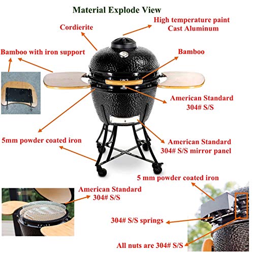RJMOLU Large BBQ Grill, 24" Smoker Barbecue Grill with 2 Foldable Wooden Side Shelves, Quick Fire Lighter, Ceramic Barbecue for Picnic Garden Terrace Camping Travel