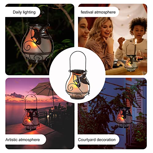Atmosphere Making Outdoor Solar Hanging Lanterns Waterproof Metal Outside Decor Light Dynamic Simulation Flame Lamp for Lawn Patio Garden Yard Pathway with Hummingbird