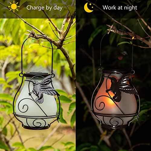Atmosphere Making Outdoor Solar Hanging Lanterns Waterproof Metal Outside Decor Light Dynamic Simulation Flame Lamp for Lawn Patio Garden Yard Pathway with Hummingbird