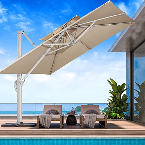 JEAREY 11FT All-Aluminum Cantilever Patio Umbrella Deluxe Large Outdoor Square Umbrella Double Top Offset Hanging Umbrella Heavy Duty Pool Umbrella with Brand Crank & 6 Gears Lift System for Deck Yard Patio Garden Lawn Market, Beige