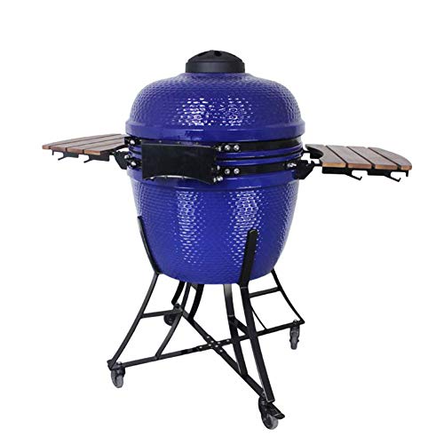 RJMOLU Large BBQ Grill, 24" Smoker Barbecue Grill with 2 Foldable Wooden Side Shelves, Quick Fire Lighter, Ceramic Barbecue for Picnic Garden Terrace Camping Travel