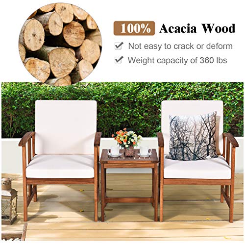 Tangkula 3 Pieces Patio Furniture Set, Includes Set of 2 Outdoor Acacia Wood Cushioned Chairs and Coffee Table, for Garden, Backyard, Poolside, Bistro and Deck, Patio Conversation Chat Set (White)